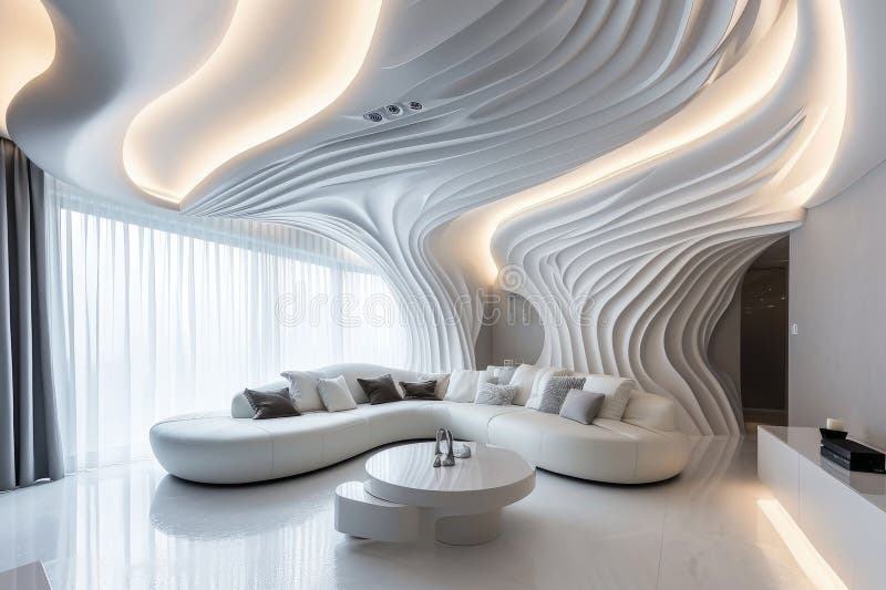 Experience the Future with an Abstract Wavy Ceiling in a Modern Living ...