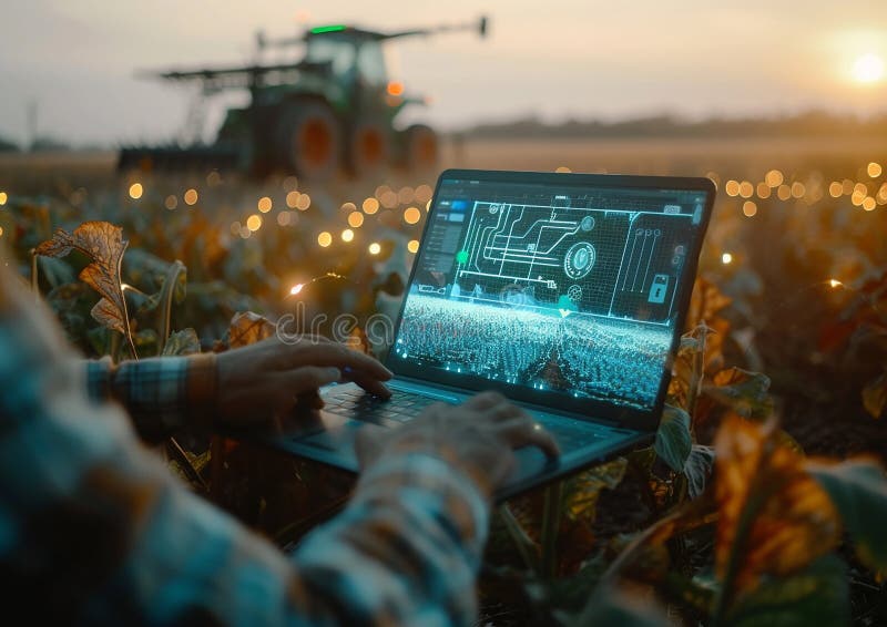 Smart Farming: Farmer Controls Fields with Hologram App in Laptop Stock ...