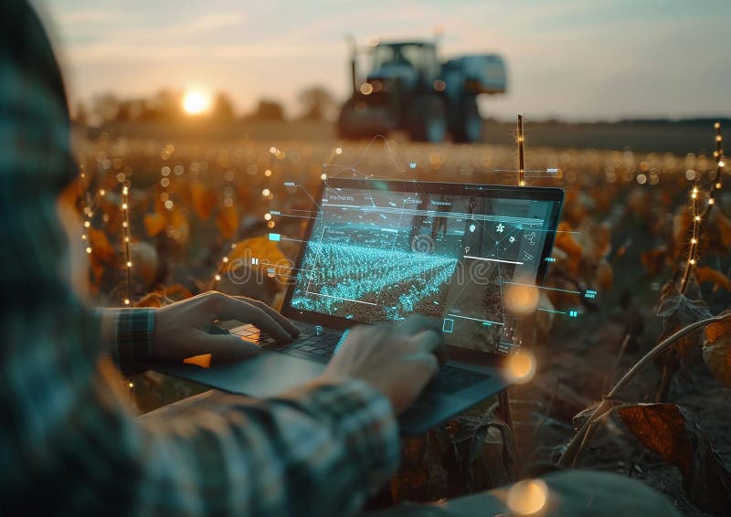 Smart Farming: Farmer Controls Fields with Hologram App in Laptop Stock ...