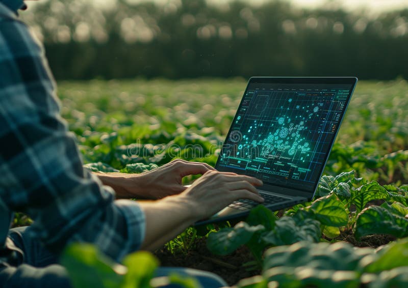 Smart Farming: Farmer Controls Fields with Hologram App in Laptop Stock ...