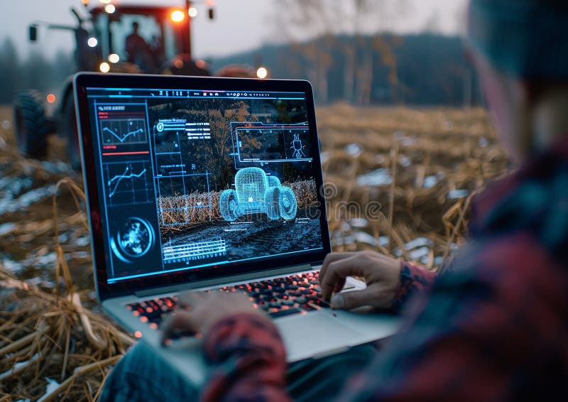 Smart Farming: Farmer Controls Fields with Hologram App in Laptop Stock ...