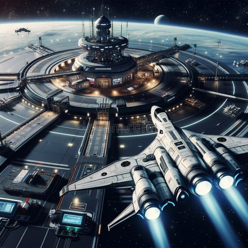 Futuristic Spacecraft Docking at Space Station Stock Illustration ...