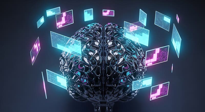 Futuristic Cybernetic Brain with Glowing Digital Screens Surrounding it Stock Illustration ...