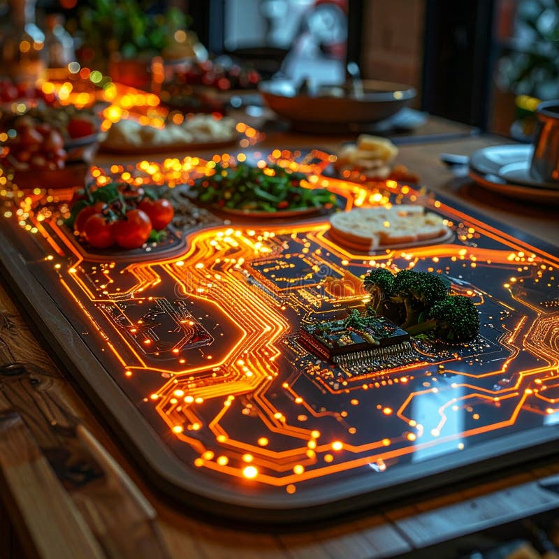 High-Tech Gastronomy on a Luminous Circuit Board Stock Illustration ...