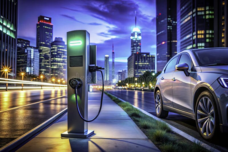 Sleek EV Charging Station at Night Modern IEC 62196 Type 2 Charging Plug Sustainable Energy in ...