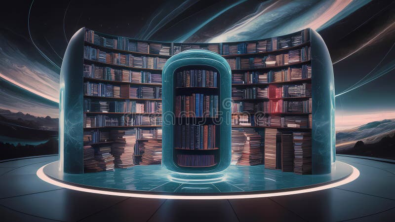 A Modern Library Featuring Sleek Shelves Filled with an Array of Books ...