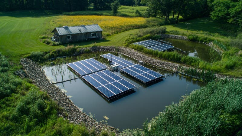 Floating Solar Farms Sustainable Energy Platforms Harmonizing with Natures Background Stock ...