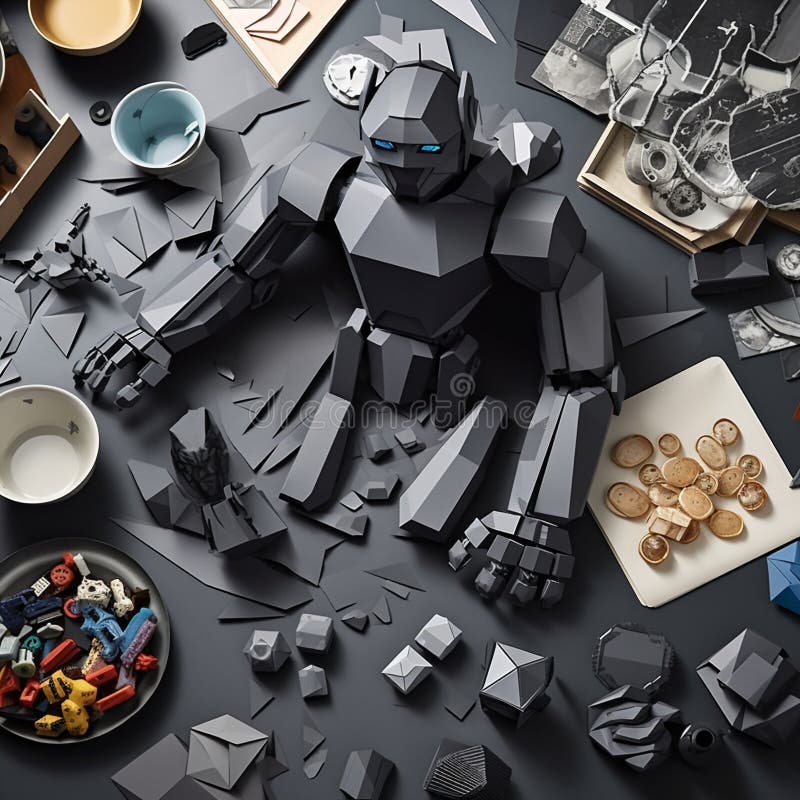 Futuristic Humanoid Robot Sorting Origami Sculptures Stock Image ...