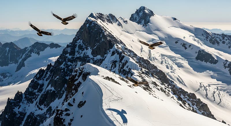 Majestic Snow-capped Mountain Peaks with Soaring Eagles Under a Clear Blue Sky Stock ...