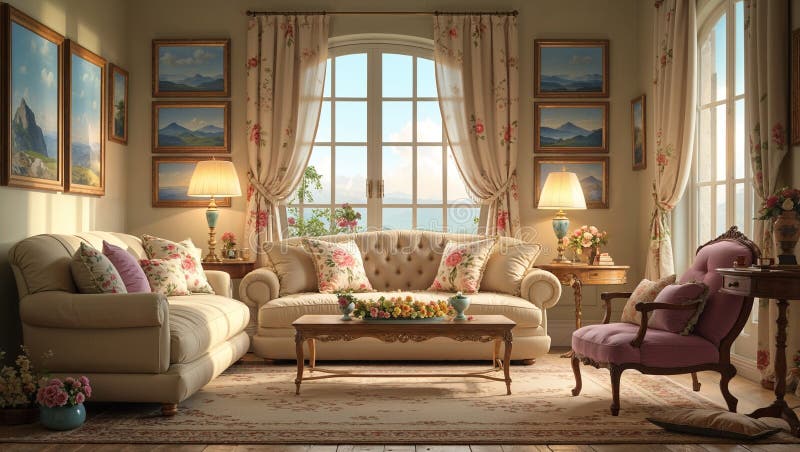 Classic Living Room Design with a Grand Window View Stock Illustration ...