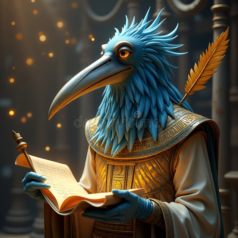 Thoth with Ibis Head, Silver-Blue Feathers, Celestial Quill, and ...
