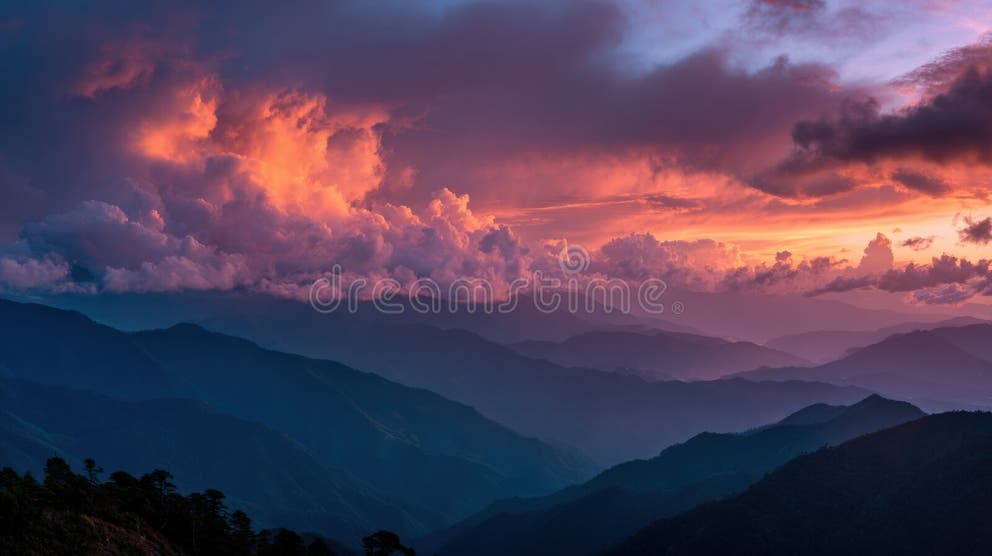 A Breathtaking Sunset View of a Vast Mountain Range Generative AI Stock ...