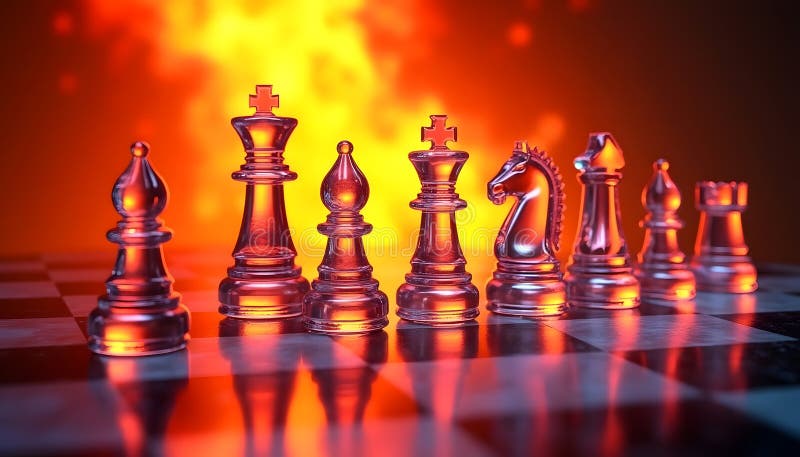 Fiery Chess Battle: Glowing Chess Pieces on a Chessboard Stock ...