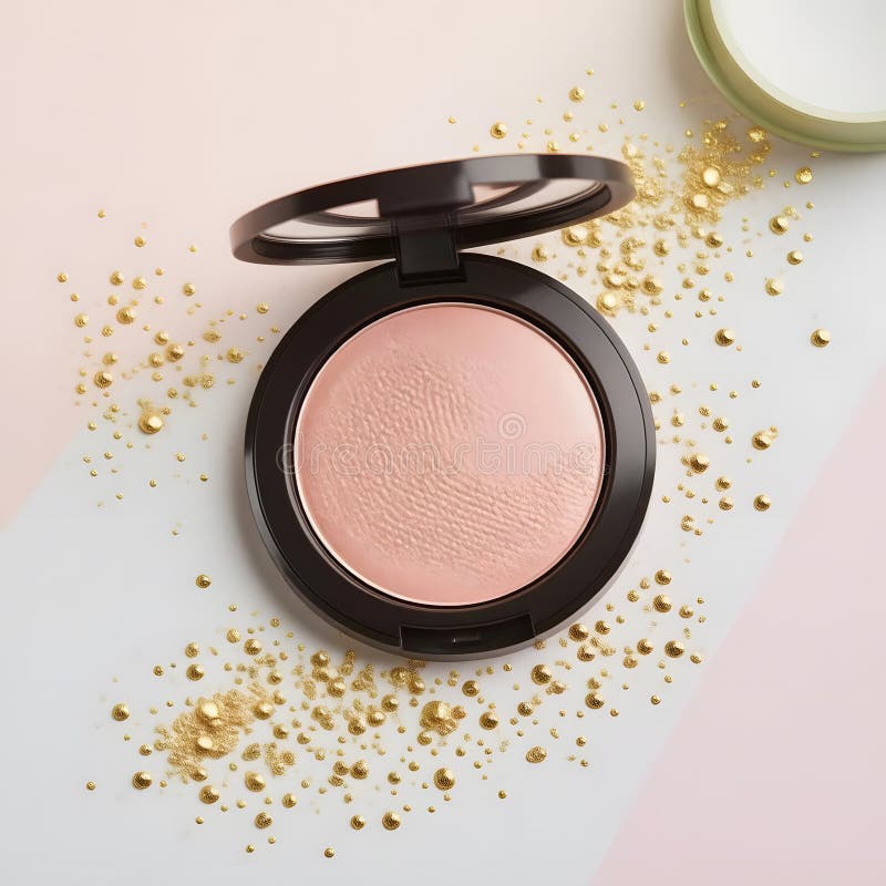 Glowing Hydration Makeup Compact with Gold Flakes on Soft Pastel Stock ...