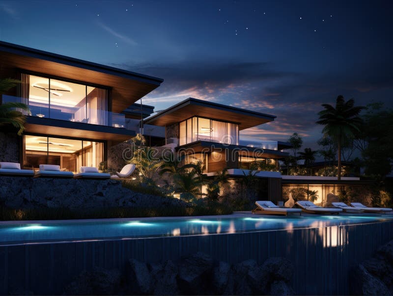 Experience the Luxurious Coastal Villa at Dusk Featuring a Stunning ...