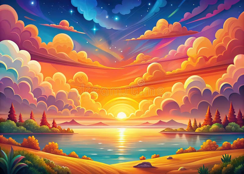 Vibrant Cartoon Sunsets Colorful Mountain Landscapes for Artistic ...