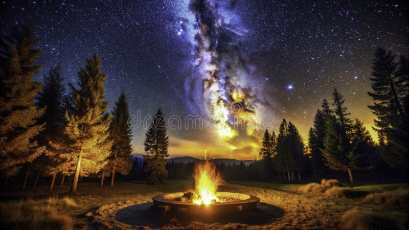 A Breathtaking Night Landscape Glowing Ember Fire Pit Starry Milky Way ...