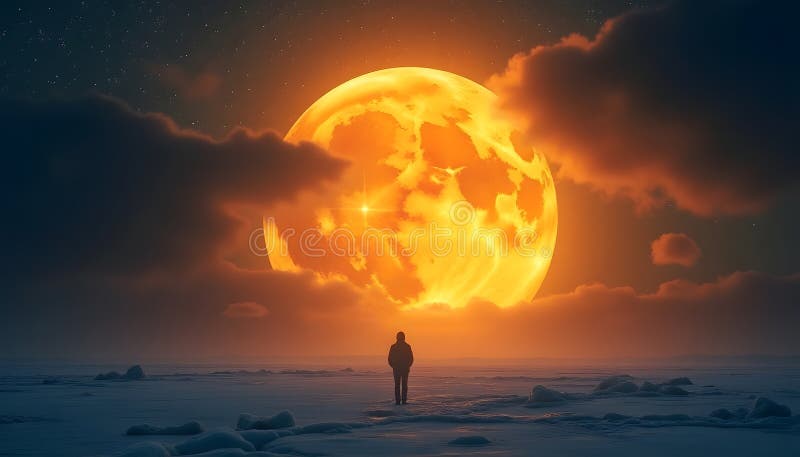 Enchanting Night Sky with Massive Full Moon Over Icy Landscape Stock ...