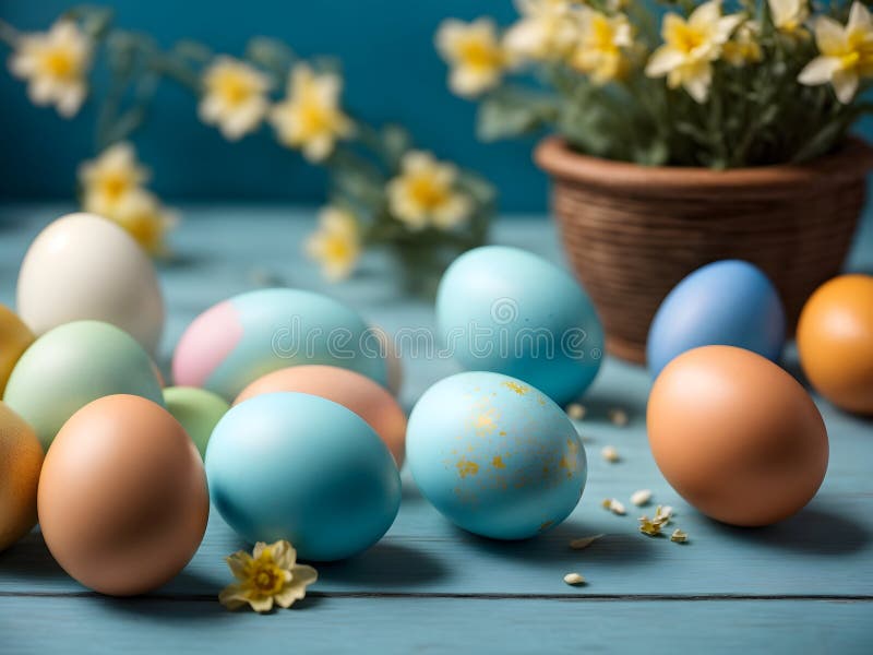 Whimsical Holiday Hues: Easter Eggs on a Blue Background Stock ...