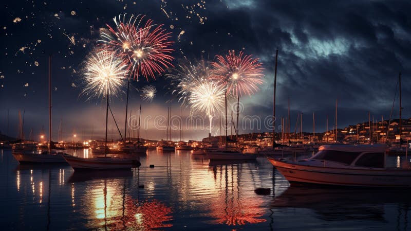 Fireworks Over the Harbor stock photo. Image of colorful - 298399132