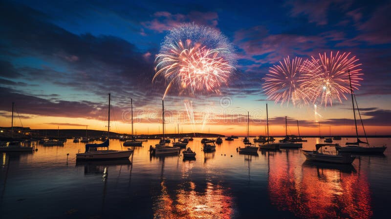 Fireworks Over the Harbor stock image. Image of illumination - 298399211