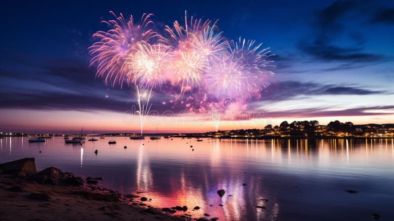 Fireworks Over the Harbor stock illustration. Illustration of fireworks ...