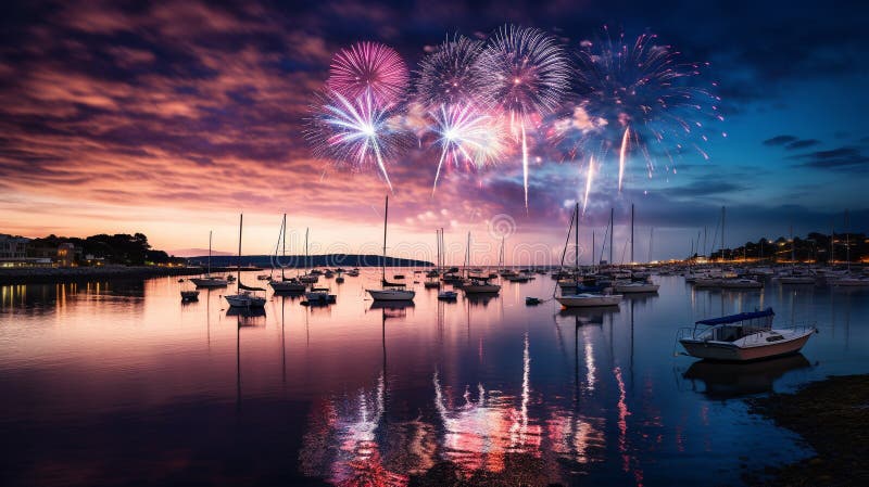 Fireworks Over the Harbor stock illustration. Illustration of spectacle ...