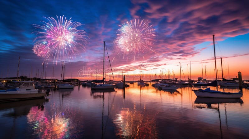 Fireworks Over the Harbor stock illustration. Illustration of sparkling ...