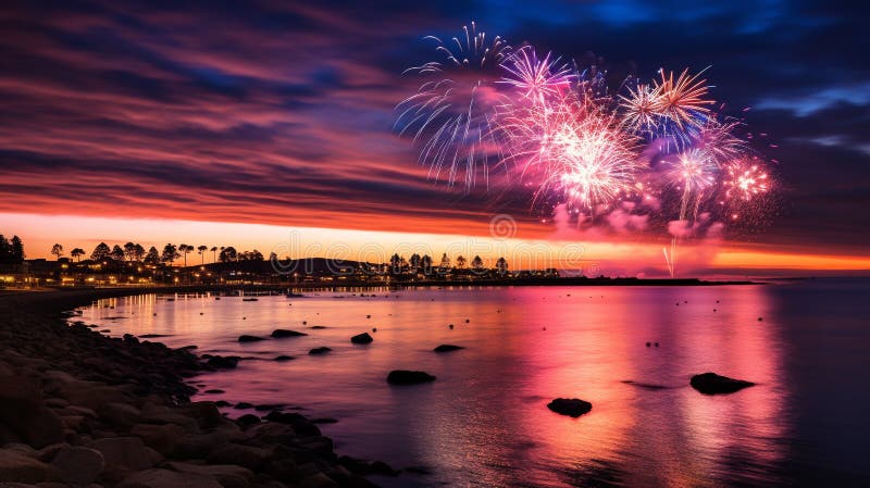 Fireworks Over the Harbor stock image. Image of celebration - 298399299