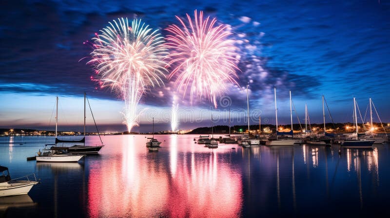 Fireworks Over the Harbor stock illustration. Illustration of ...