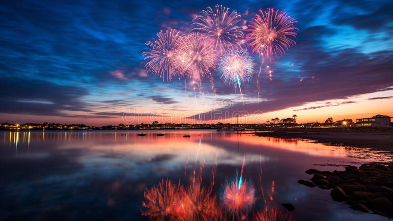 Fireworks Over the Harbor stock illustration. Illustration of festive ...