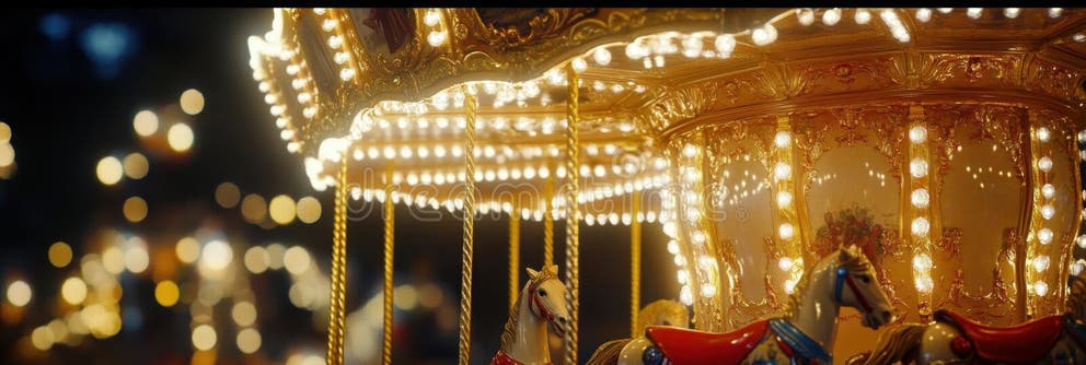 Experience the Magic, Golden Carousel with Glittering Lights at Night ...