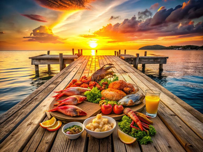 Golden Hour Seafood Feast Exquisite Dinner on a Long Wooden Pier ...