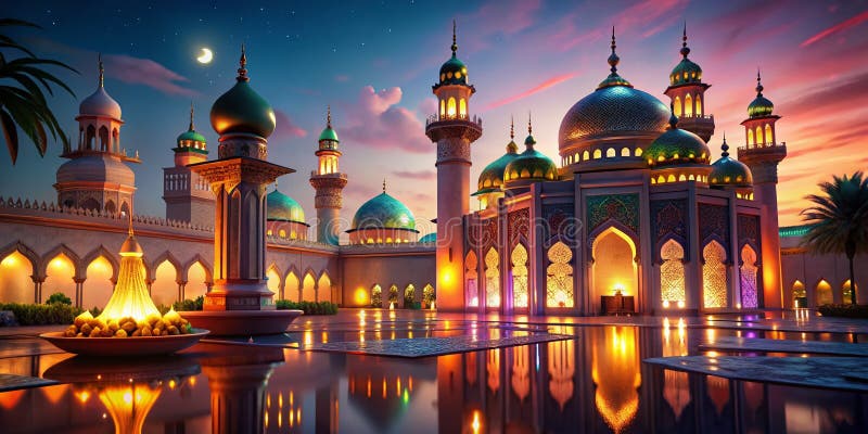 Ramadan Nightscape: a Panoramic View of a Mosque Illuminated by ...