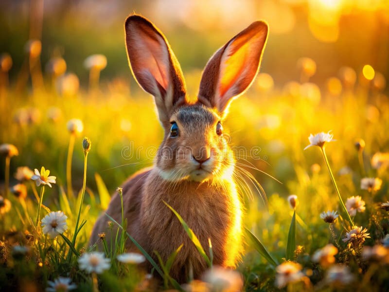 A Stunning Panoramic View of a Brown Rabbit in a Spring Meadow at ...