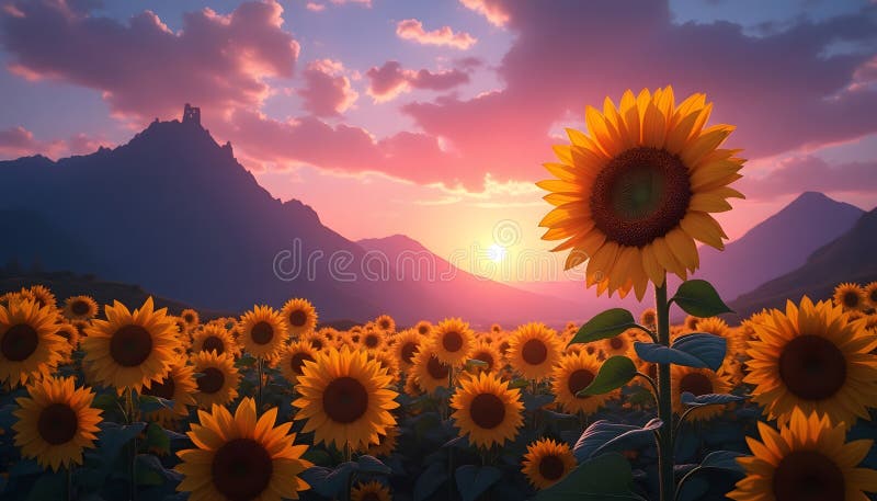 Sunflower Sunset with Mountain Castle - Enchanting Landscape Stock Illustration - Illustration ...