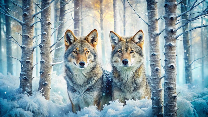 Winter Wonderland Double Exposure Coyotes in a Birch Forest a Stunning ...