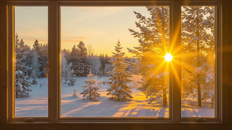 Winter Wonderland Sunset Time Lapse through a Cozy Window Frame View ...