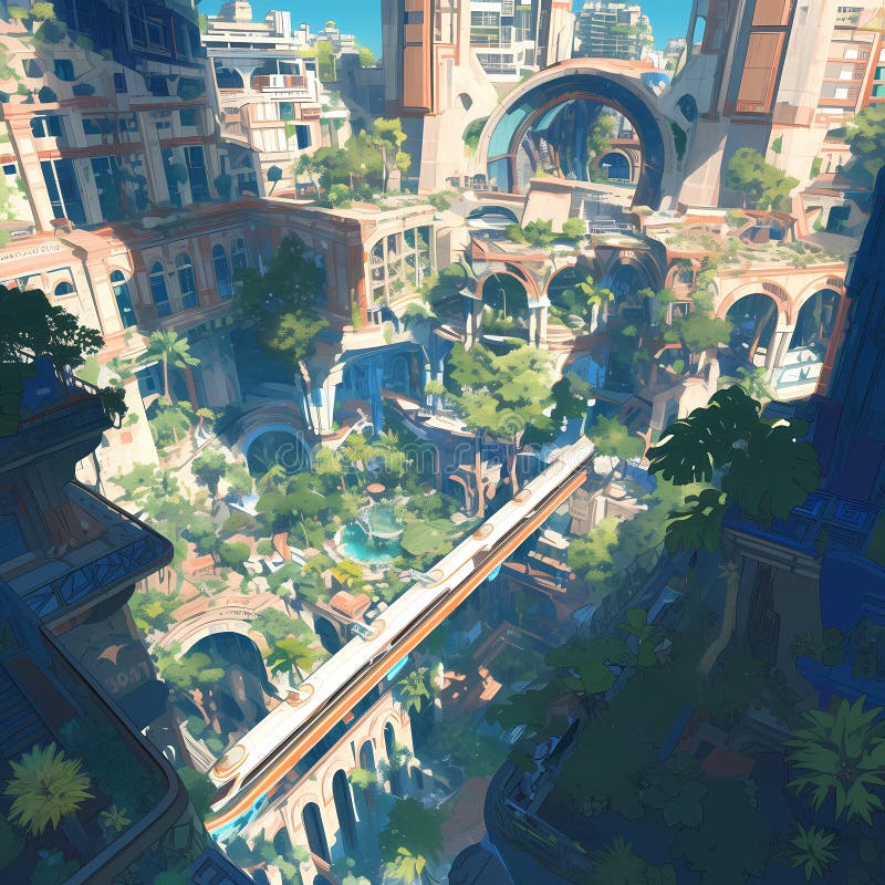 Eco-Friendly Cityscape with Monorail Stock Illustration - Illustration ...