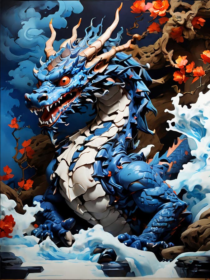 Dragon in Deep Blue a Fusion of Traditional Chinese Ink and Striking ...