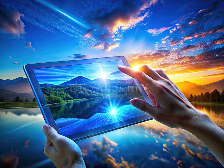 A Glowing Blue Touchscreen Double Exposure Cursor Futuristic Interface ...