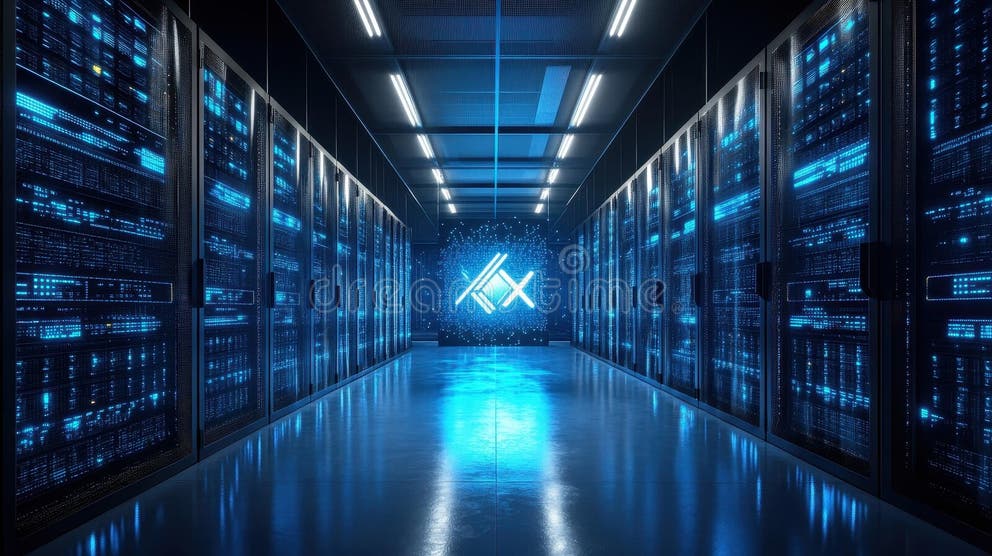 Experience a Modern Data Center Buzzing with Bright Blue Lights, Server ...