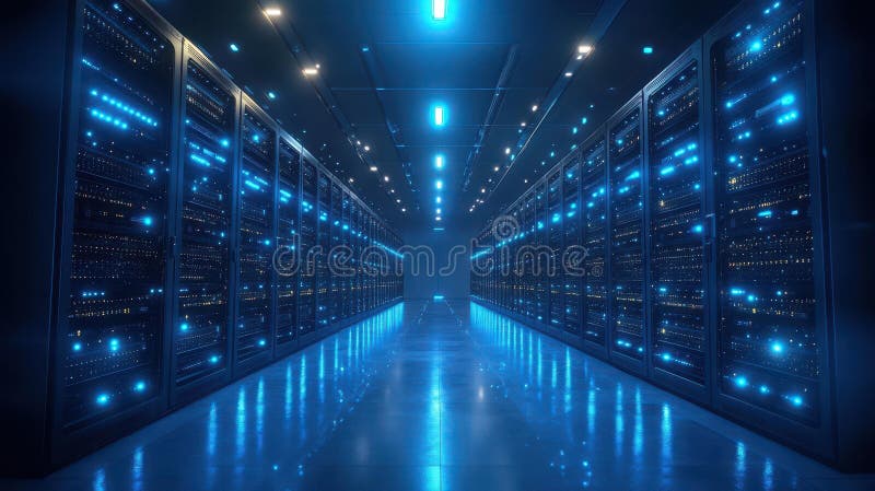 Experience a Modern Data Center Buzzing with Bright Blue Lights, Server ...