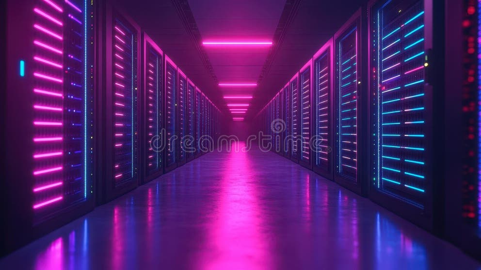 Experience a Modern Data Center Buzzing with Bright Blue Lights, Server ...
