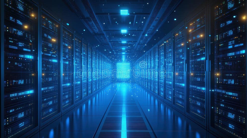 Experience a Modern Data Center Buzzing with Bright Blue Lights, Server ...