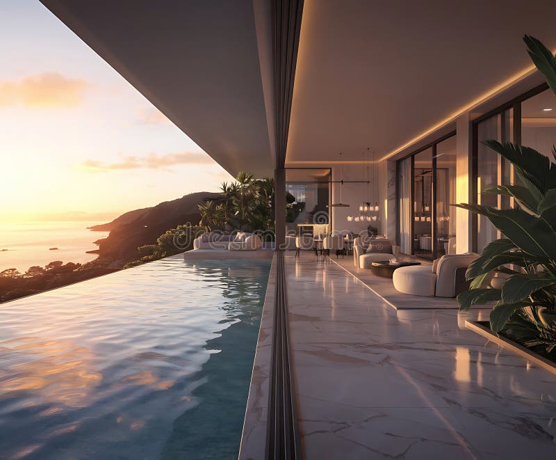 Modern Open-Concept Living Space Overlooking the Ocean Stock ...