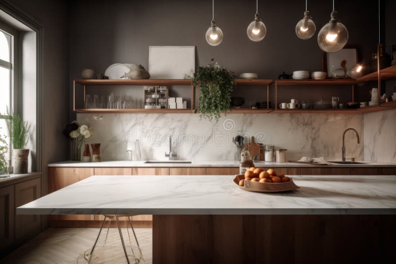 Luxury Kitchen with a Walnut Island and Elegant Marble Countertop Stock ...