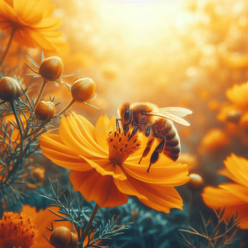 Nature S Symphony: a Honey Bee on a Yellow Flower in a Wild Spring ...