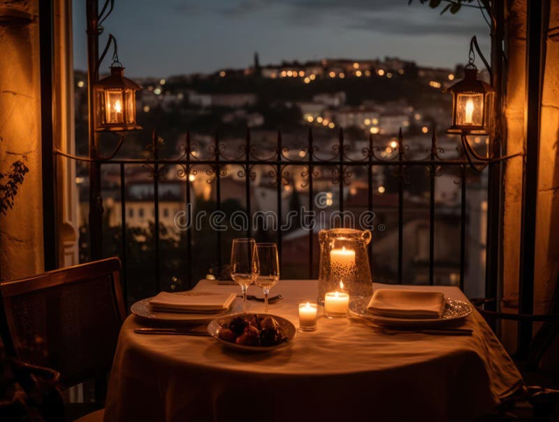 A Romantic Dinner Set for Two on a Balcony Overlooking the City Created ...
