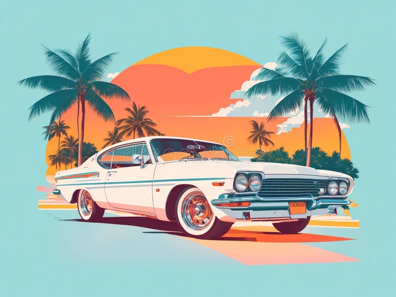 Retro Revival: Classic Car in Vibrant Miami Streets Stock Illustration ...